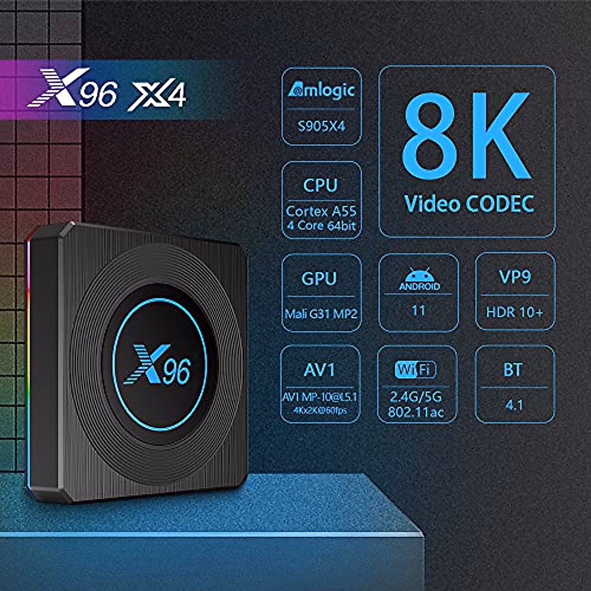Xilibod Android TV Box Android 11 TV Box 4GB RAM 32GB ROM Amlogic S905X4 Quad Core 64 Bit Mali-G31 MP2 2.4G/5G WiFi BT4.1 USB3.0 Colorful Lighting Smart TV Box - Model No.: X96X4 4GB 32GB