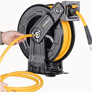 AIRZILLA Premium Steel Retractable Air Hose Reel With Dual Arm, 3/8"x50Ft Hybrid Polymer Hose, Heavy Duty Air Hose Reel included Auto Rewind Reel | Quick Air Coupler | Durable Double side Frame.
