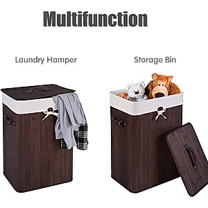 Byroce Bamboo Laundry Basket, Collapsible Laundry Hamper with Lid, Removable Liner & Handles, Dirty Clothes Toys Storage Bin for Laundry Room, Bedroom, Bathroom (Brown)