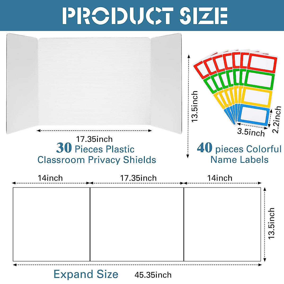 Classroom Privacy Boards for Student Desks Plastic Folders Shields Test Dividers with 40 Pieces Colorful Name Labels for School Study Reduces Distractions 14 x 17.5 x 14 Inch, White (30 Pieces)