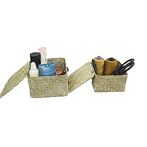 HAPYFURN Shelf Storage Boxes with Lid, Set of 2 Stackable Square Baskets for Shelves, Natural Seagrass Handwoven, Organizer Box of Cosmetics Keys Jewelry Needles Threads