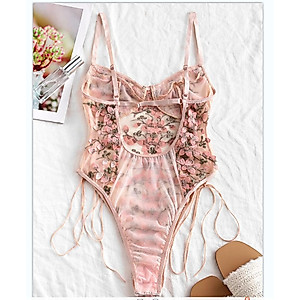 Lilosy Women Sexy Lace Up Floral Embroidered Teddy Babydoll Lingerie Bodysuit Top Mesh Sheer One Piece See Through Pink Small