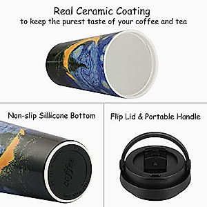 Funkrin Insulated Travel Coffee Mug with Ceramic Coating, Personalized Gifts for Men Women, 16oz Stainless Steel Tumbler with Flip Lid Portable Handle, Double Wall Leak-Proof Thermos Mug