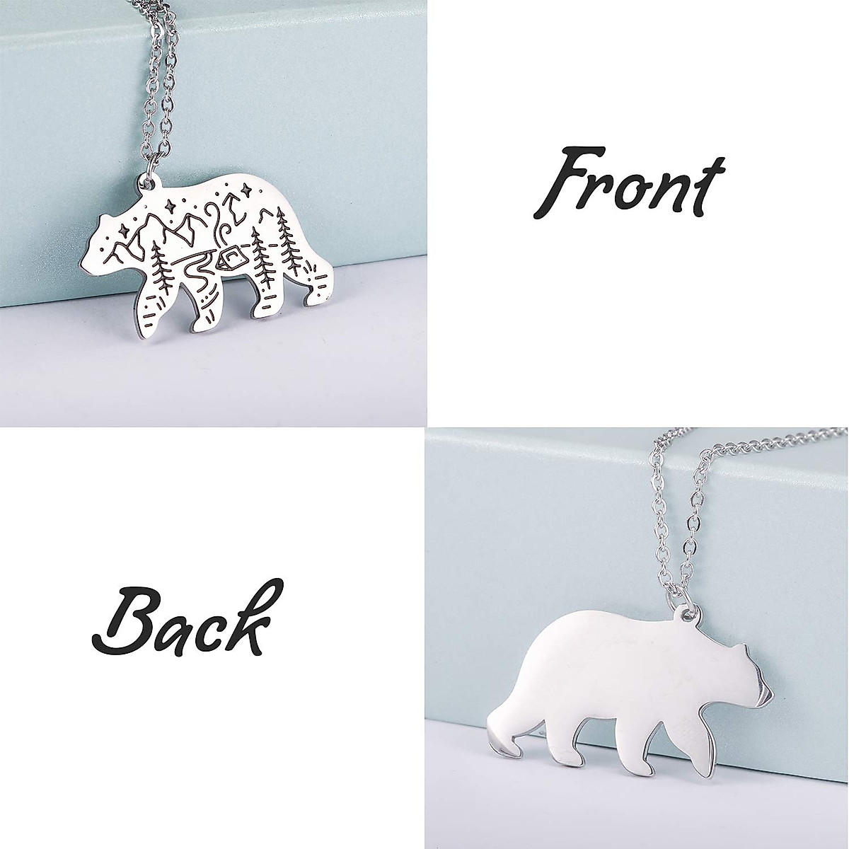 VASSAGO Stainless Steel Cute Polar Bear Necklace Engraved Mountain Forest Star Cabin Nature Animal Pendant (silver)