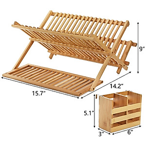 Lawei Bamboo Dish Drying Rack with Utensil Holder - 3 Tier Bamboo Dish Rack Large Collapsible Dish Drainer Rack for Kitchen Plates, Cups, Mugs, Utensil, Flatwares