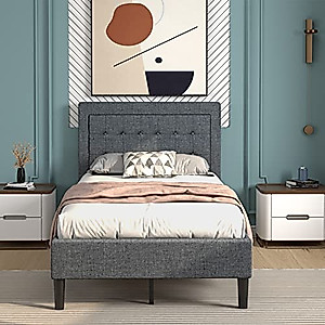 Giantex Upholstered Bed Frame, Modern Platform Bed w/Button Tufted Headboard, Solid Slats Support Mattress Foundation, No Box Spring Needed, Easy Assembly, Noise-Free Design, Twin, Grey