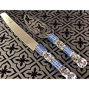 Royal Blue Cake Knife & Server Set Design with Simulated Rhinestone for All Party Occasions