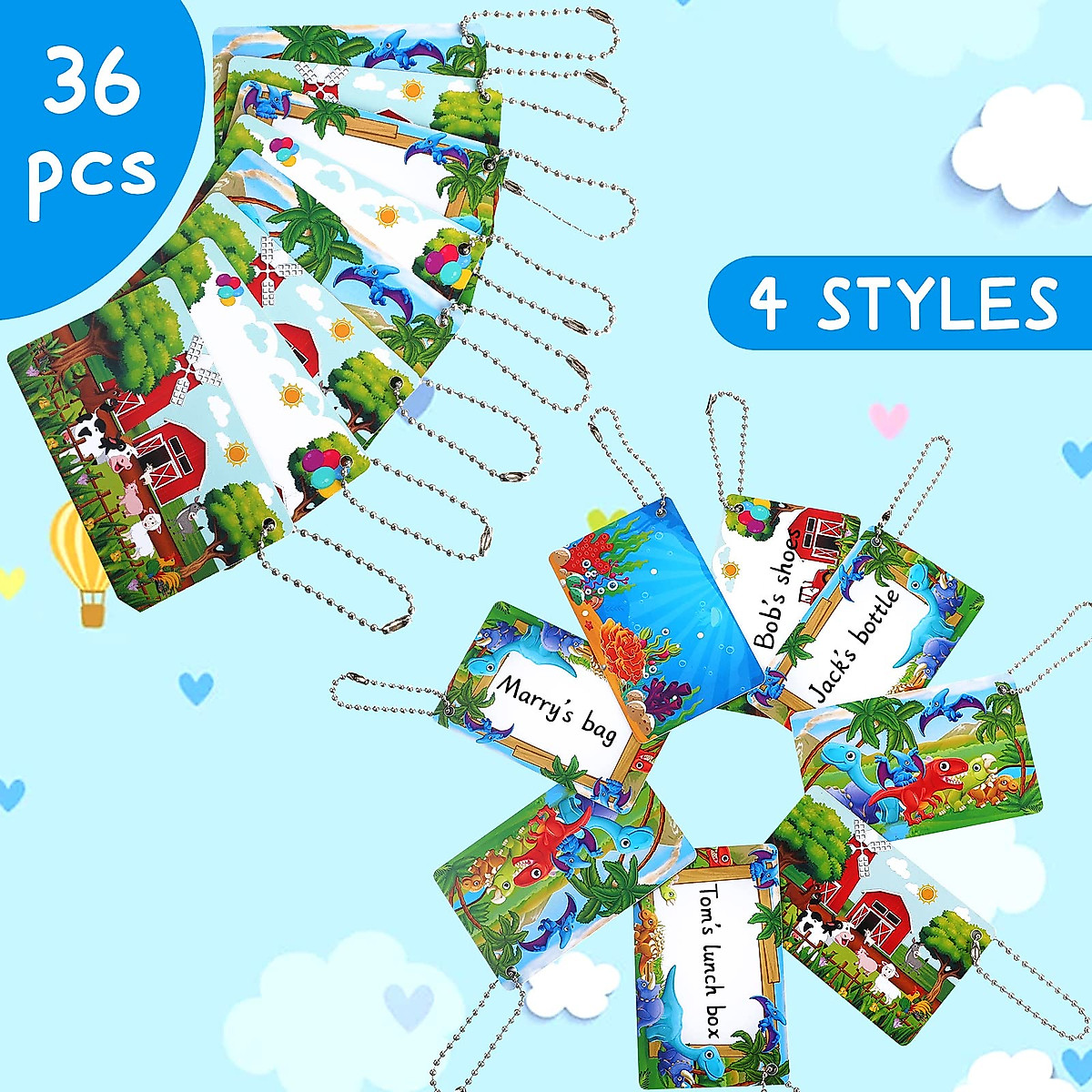 36 Set Kids Tags Personalized Waterproof Name Tag Reusable Backpack Tags Plastic Writable Child Id Bag Tags with Chain Attachments Name Labels for School Luggage Lunch Box Ocean Dinosaurs Jungle