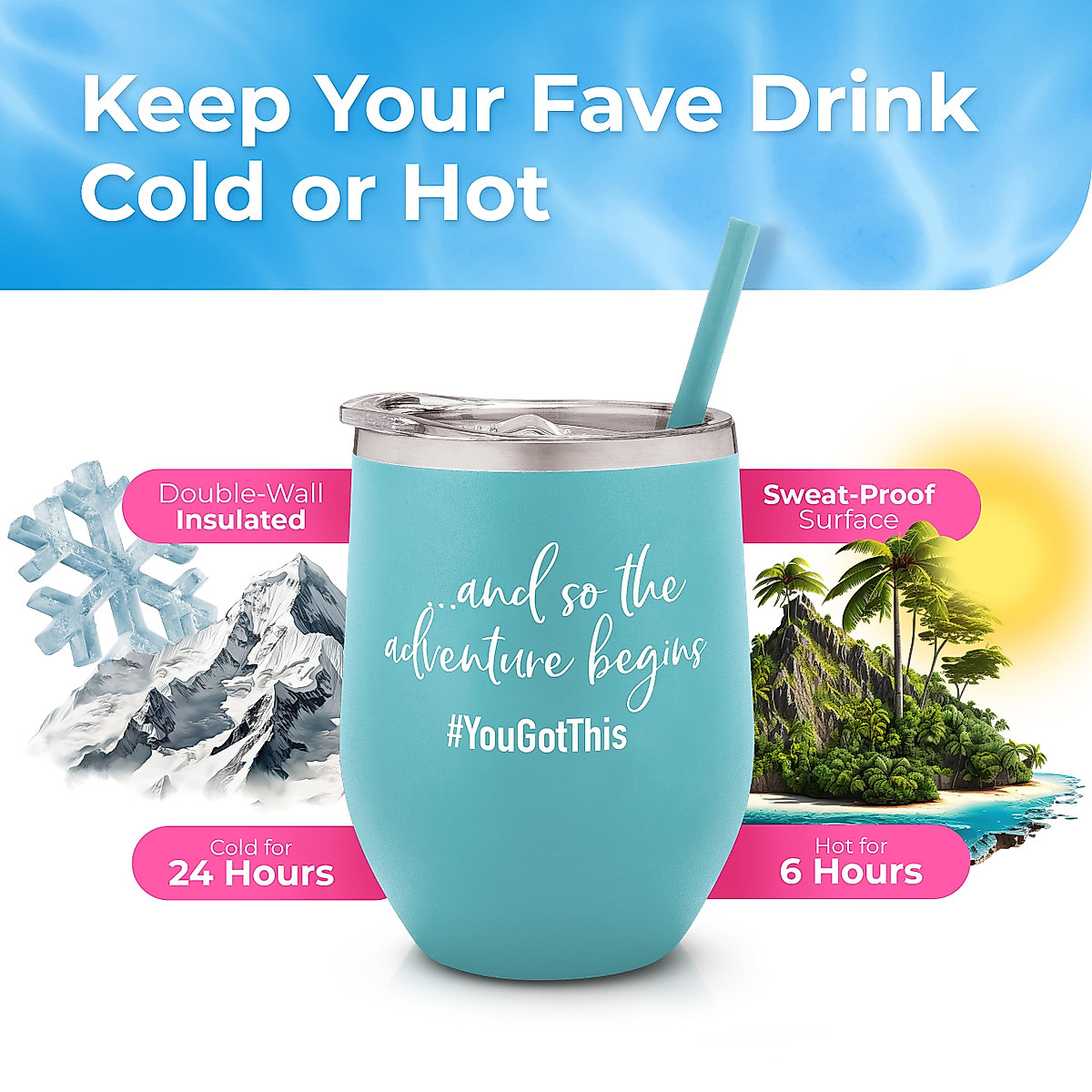 and So The Adventure Begins - Personalized Insulated Wine Tumbler with Lid – Stainless Steel Insulated Travel Mug with Straw – Graduation, Promotion, Going Away, Job Change, Teacher - Adventure Awaits