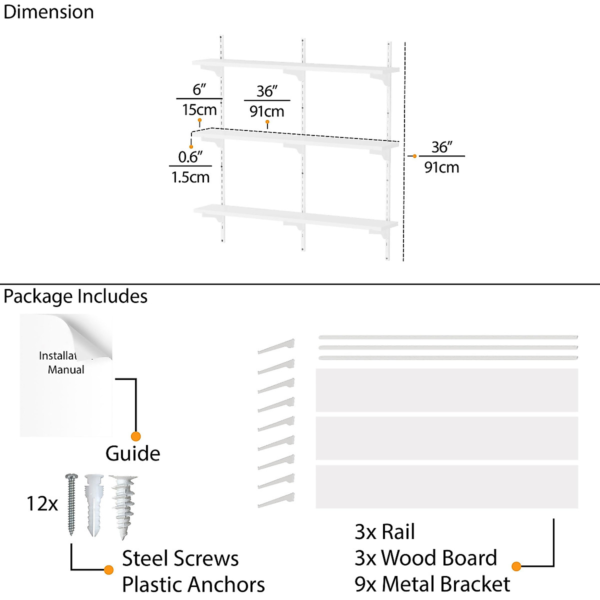 Wallniture Turin 36 inch x 6 in Floating Shelves for Wall Storage, Adjustable Shelf Brackets, Wall Book Shelf for Living Room, Adjustable Closet Shelves, Shelving Units and Storage, White, Wood