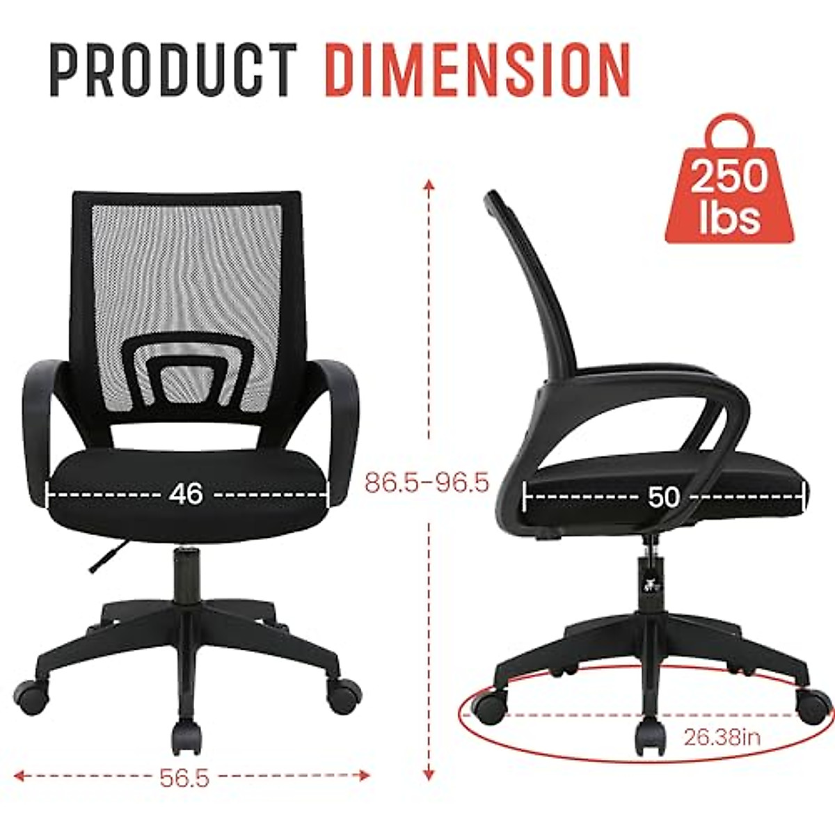Office Chair Computer Desk Chair Gaming Ergonomic Mid Back Cushion Lumbar Support with Wheels Comfortable Mesh Racing Seat Adjustable Swivel Rolling Home Executive