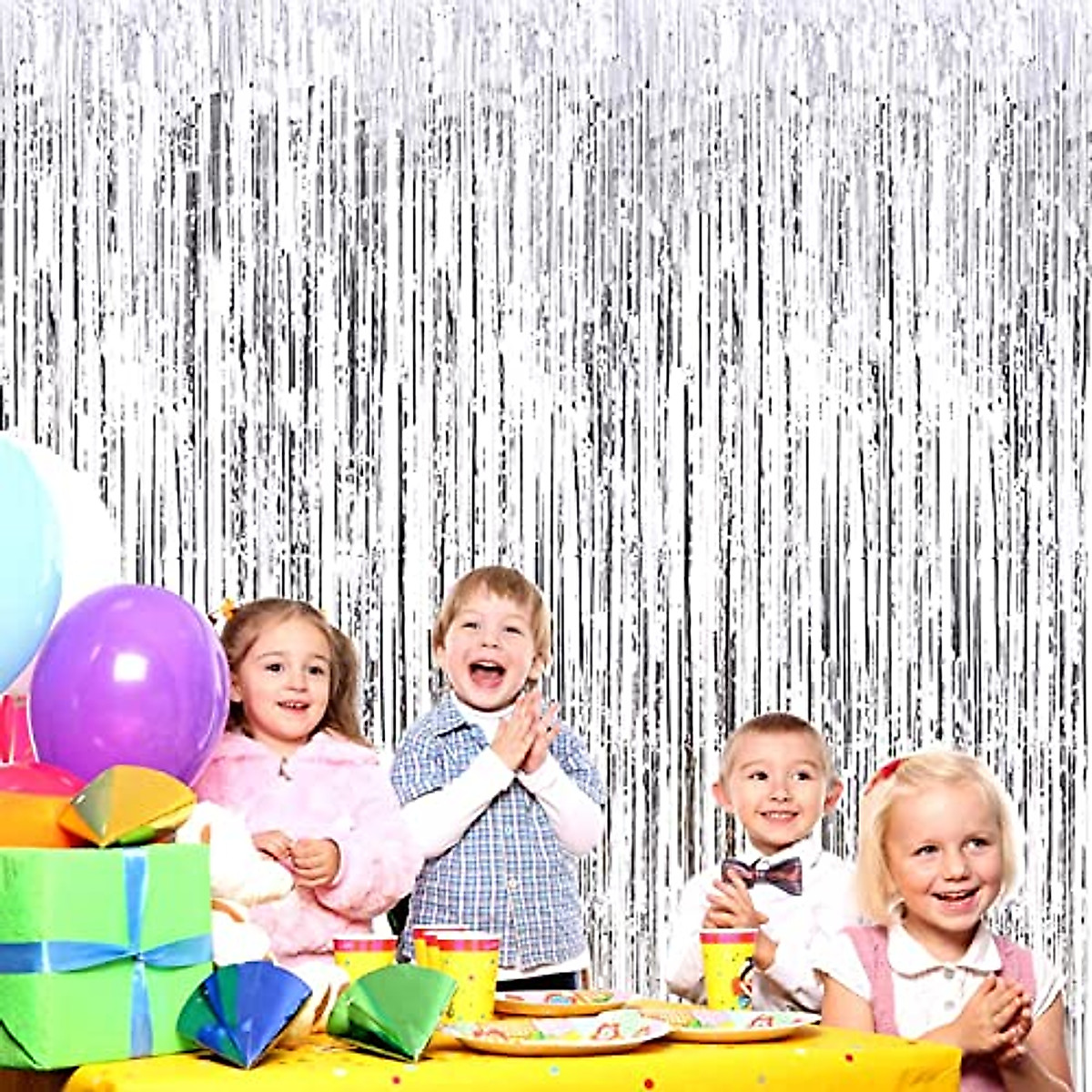 4 Pack Silver Foil Fringe Curtain Backdrop, 3.28Ft x 8.2Ft Metallic Tinsel Foil Fringe Streamer Curtains for Photo Booth Props, Birthday, Wedding, New Year’s, Christmas Decoration Party Supplies
