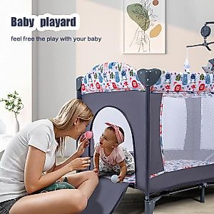 4-in-1 Pack and Play with Bassinet for Baby,Folding Crib,Travel Crib Diaper Changer with Mattress,Playard with Music Box,Multifunctional Baby Bed for Newborn,Infant,Toddler,Portable Baby Playpen