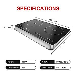 COOKTRON Double Induction Cooktop Burner with Fast Warm-Up Mode, 1800w 2 Induction Burner with 10 Temperature 9 Power Settings, Portable Dual Induction Cooker Cooktop with Child Safety Lock & Time