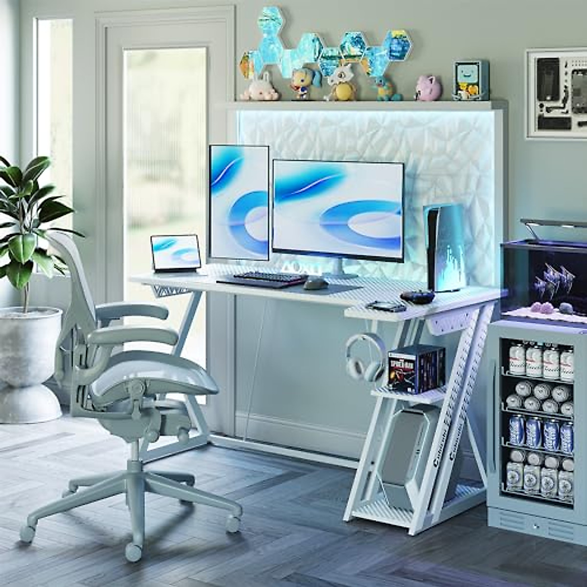 CubiCubi Aurora Gaming Desk with Carbon Fiber Surface, 55 Inch L Shaped Desk with Storage Shelves, Small Corner Computer Desk with Monitor Shelf, Gamer Desk PC Table, White