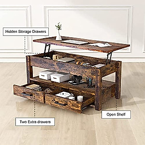 FABATO Lift Top Coffee Table with 2 Storage Drawer Hidden Compartment Open Storage Shelf for Living Room Dining Table Reception Room Rustic Brown