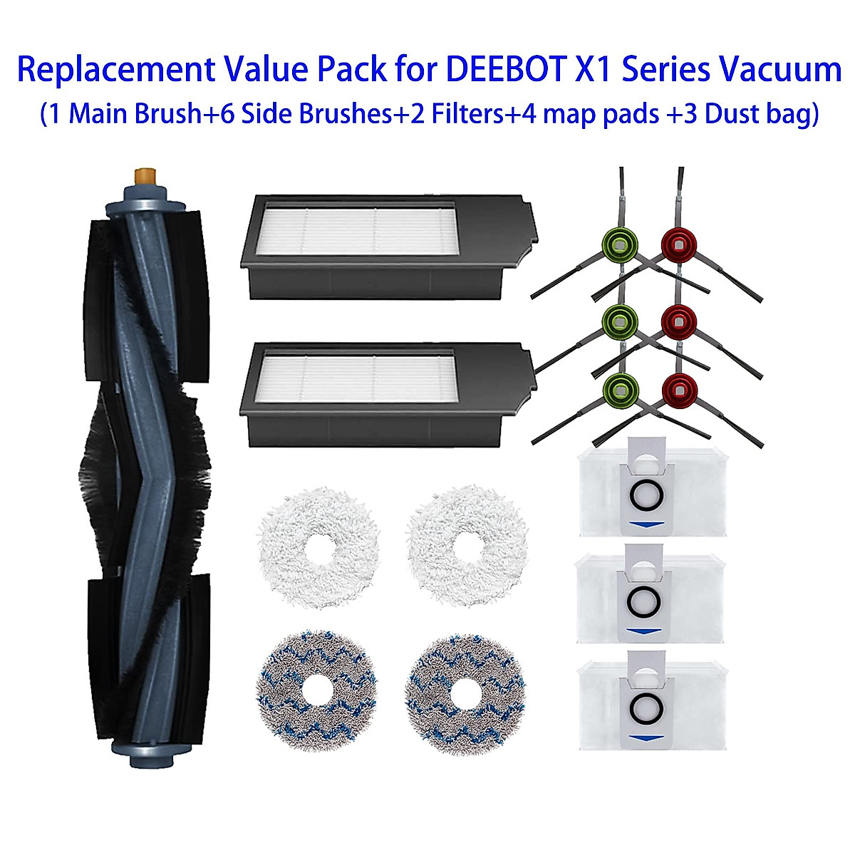 DEEBOT X1 Series Replacement Accessories Set Fit for ECOVACS X1 Omni / X1 TURBO Robot Vacuum Include 1 Main Brush 6 Side Brushes 2 Filter 4 Mop Pads 3 Dust bag Parts