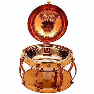 Indian Art Villa Steel Copper Chafing Dish with Designer Gel Stand, Buffet Warmer Serveware Party, Volume 64 Oz