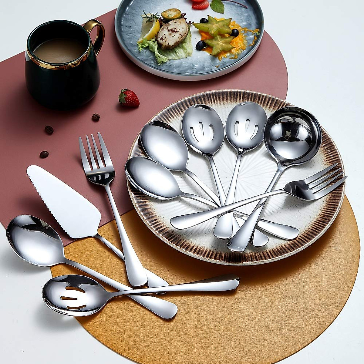 10-Piece Serving Flatware Silverware Set,Stainless Steel Serving Utensil Set,Include Slotted Serving Spoon, Serving Spoon, Cake Server, Serving Fork, Soup Ladle (Silver)