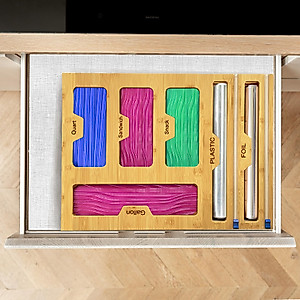 HILELIFE Bamboo Ziplock Bag Organizer for Drawer, Foil and Plastic Wrap Organizer, 6 In 1 Plastic Bag Organizer for Drawer, Baggie Organizer for Drawer