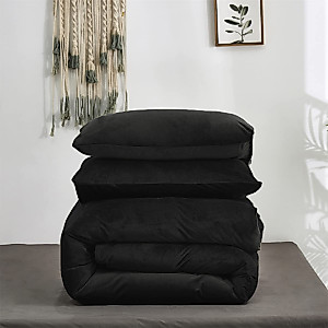 Houseri Velvet Black Comforter Set Queen Solid Black Fluffy Comforters Queen Size Teens Black Fuzzy Bedding Boys Girls All Black Sherpa Comforter Queen Black Soft Warm Comforter Bedding Sets Queen