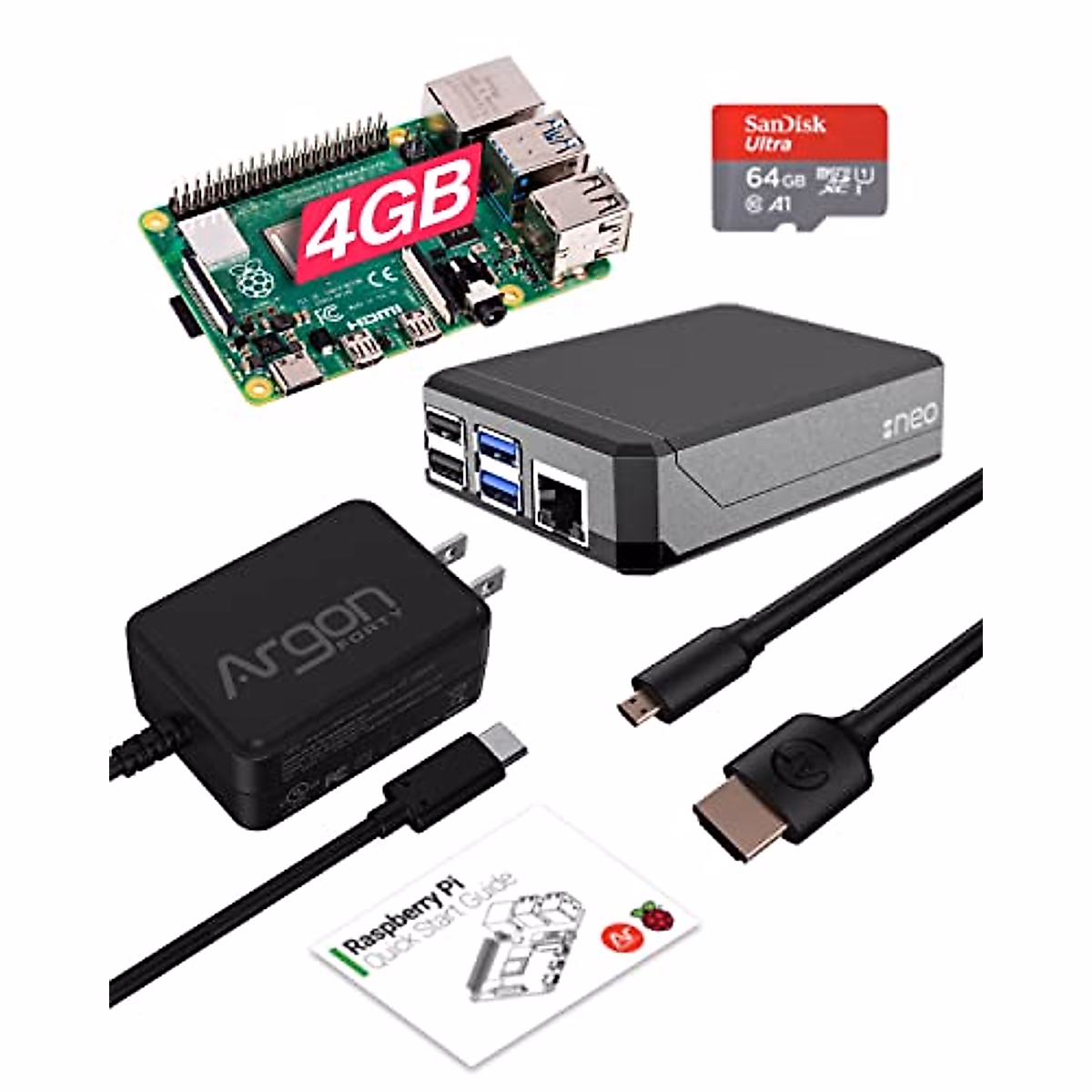 Argon NEO x Raspberry Pi 4 4GB Kit | Aluminum Case | 64 Gig SD Card | Micro HDMI to HDMI Cable | 18W Type-C Power Supply | Quick Start Guide