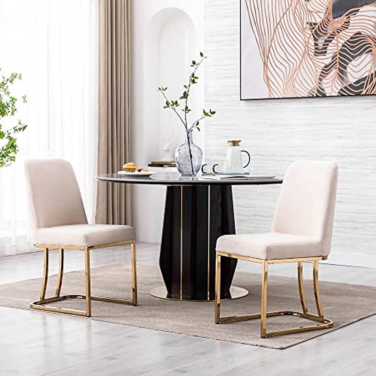 HNY Mid Century Modern Dining Room Chairs Set of 2, Linen Upholstered Fabric Chairs for Dining Room, with Golden Finish Metal Frame, Cream, Cream-linen, 17.7D x 23.2W x 34.3H in