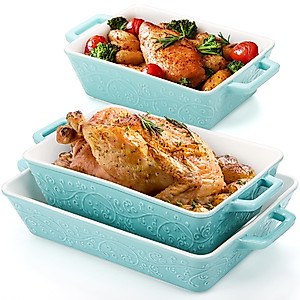 Okllen Set of 3 Casserole Dishes for Oven, Ceramic Baking Dishes with Handles, Rectangular Lasagna Pan Bakeware Set for Baking Cooking, Roasting, Broiling, Gratin, Wedding & Housewarming Gift, Blue