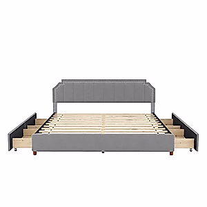 DEYOBED King Size Upholstered Platform Bed with Headboard, 4 Storage Drawers, and Support Legs, Bed Frame Perfect for Spacious Bedrooms - Sleek Grey Elegance