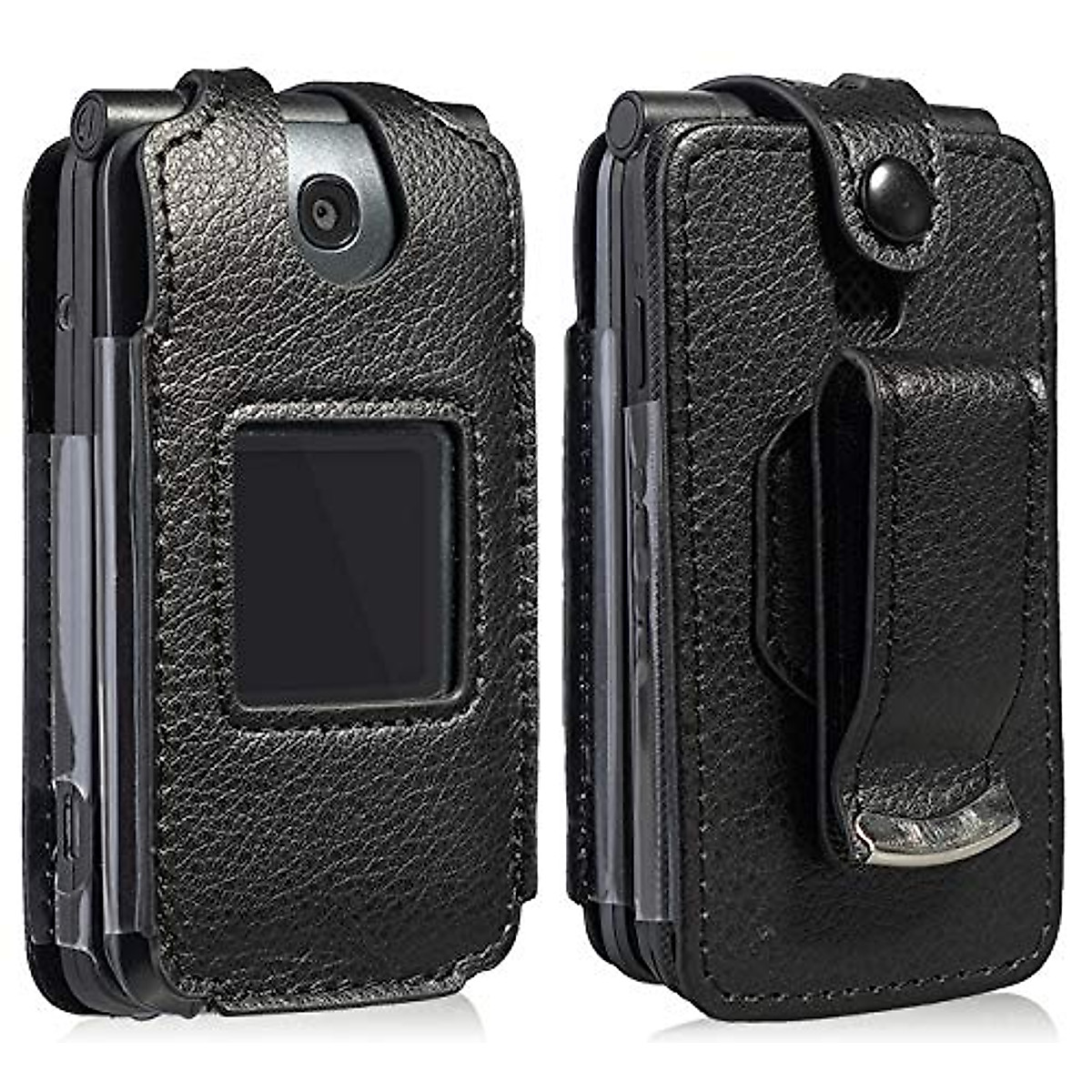 Case for Go Flip Phone, Nakedcellphone [Black Vegan Leather] Form-Fit Cover with [Built-in Screen Protection] and [Metal Belt Clip] for Alcatel Go Flip V, MyFlip, QuickFlip, AT&T Cingular Flip 2