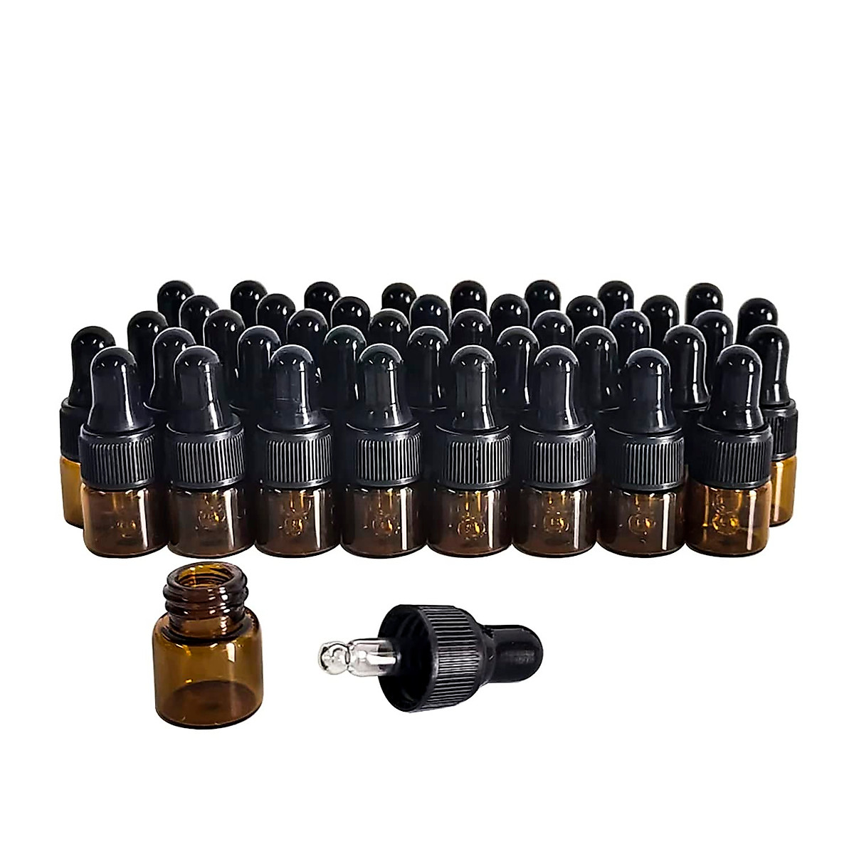 BEGIKET 50 Pack Amber Glass Mini Dropper Bottles,1ML Amber Essential Oil Dropper Bottle for Travel Test Sample Perfume (1ML)