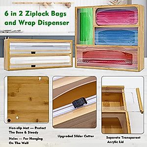 6 in 1 Ziplock Bag Organizer, Separate Bamboo Plastic Bag Organizer, Foil Dispenser with Cutter, with Acrylic Lid, Label, for Sandwich Snack Gallon Quart Bag, for Housewarming Mother's Day Gifts