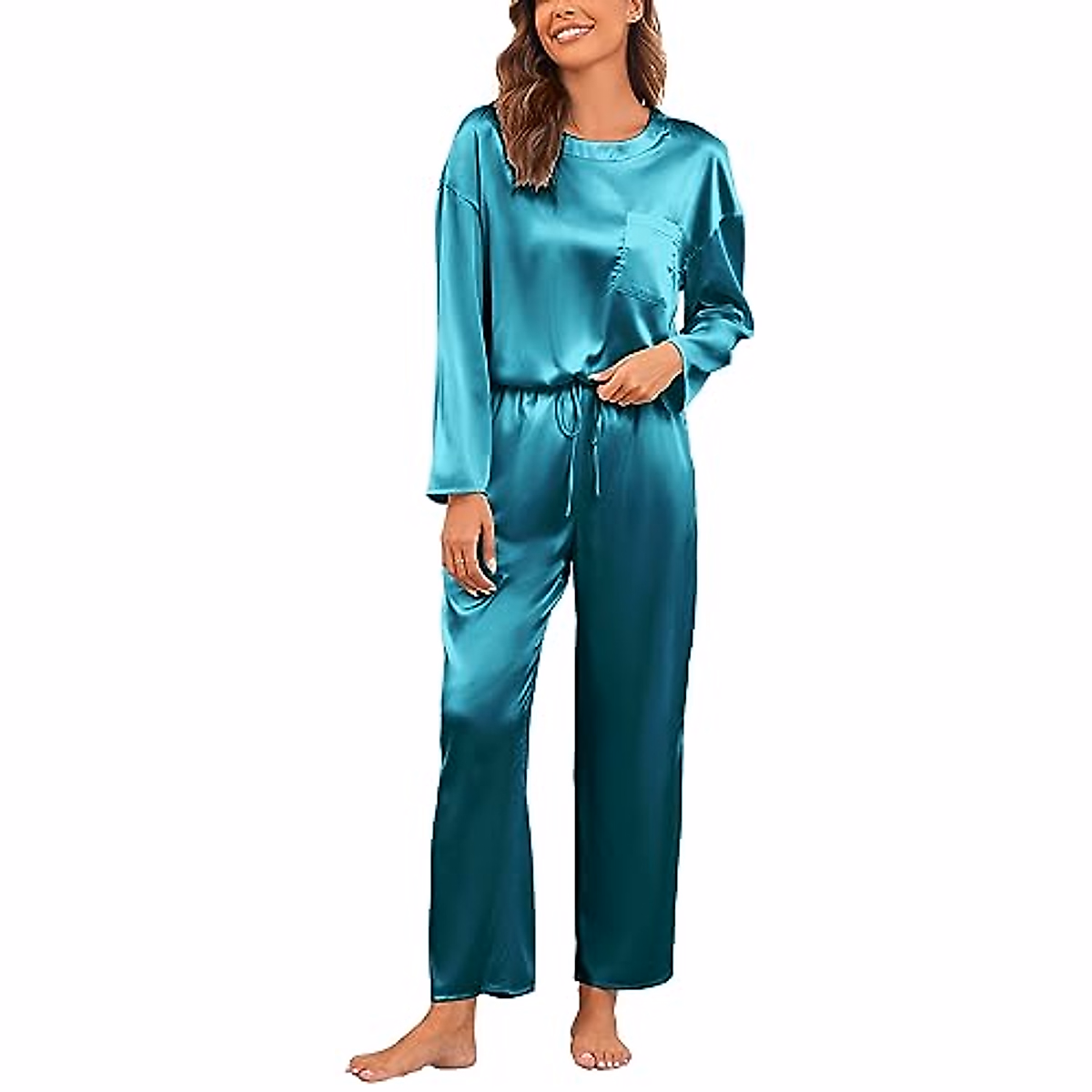 Bloggerlove Silk Pajamas for Women Long Sleeve Satin Loungewear Two-Piece Sleepwear Pullover Pj Set Outfit Green