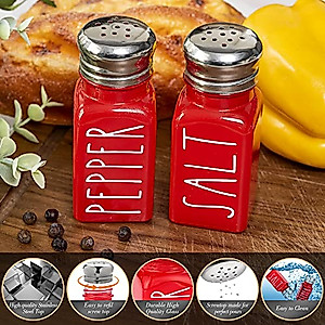 Red Salt and Pepper Shakers Set by Brighter Barns - Farmhouse Red Kitchen Decor and Accessories for Home Restaurants Weddings - Cute Modern Glass Christmas Red Shaker Sets & Stainless Steel Lid (Red)