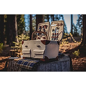 PICNIC TIME Pioneer Deluxe Picnic Basket with Blanket, Original Design Set for 2, Beige Canvas with Navy Blue & Brown Accents
