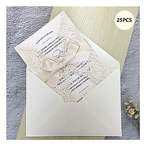 Picky Bride 25pcs 5x7 Wedding Invitations with Envelopes, Laser Cut Lace Hollow with Elegant Ribbons, for Wedding Bridal Shower Engagement Birthday Party Invite, Ivory