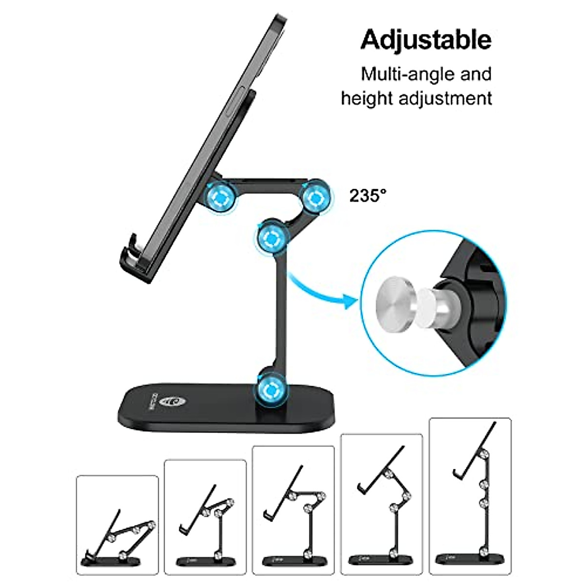 OCYCLONE Cell Phone Stand, iPad Stand, Adjustable Height and Angle Phone Stand for Desk, Foldable Phone Holder, Taller iPhone Stand Compatible for 4-11 Inch All Mobile Phone/iPad/Tablet - Black
