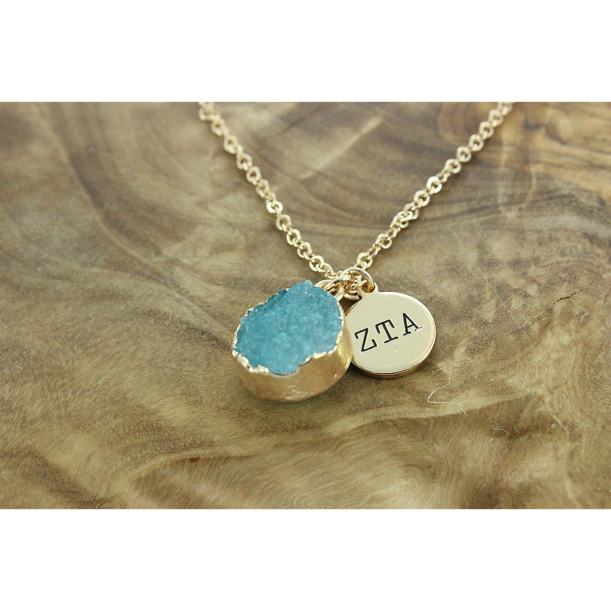 Sorority Shop ZTA Necklace - Zeta Tau Alpha Blue Druzy Gemstone Necklace With Engraved Pendant – 14K Gold Dipped Jewelry with Blue Gemstone – Sorority Gift, Charm Paraphernalia