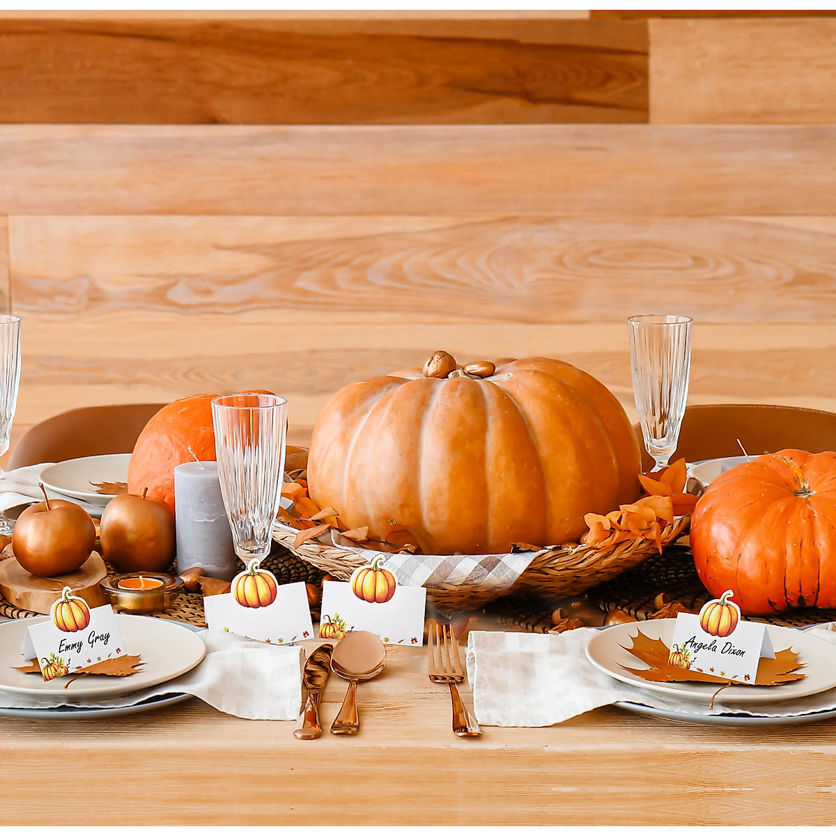 100 Pack Thanksgiving Fall Pumpkin Place Cards Paper Harvest Name Folded Tent Card Seating Autumn Pumpkins Dinner Wedding Table Setting Decorations