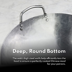 New Star Foodservice 1028720 Carbon Steel Pow Wok Set with Wood and Steel Helper Handle, Hand Hammered, Includes 14" Round Bottom Wok, Wok Rack/Ring, and Spatula (Hand Wash Recomended)