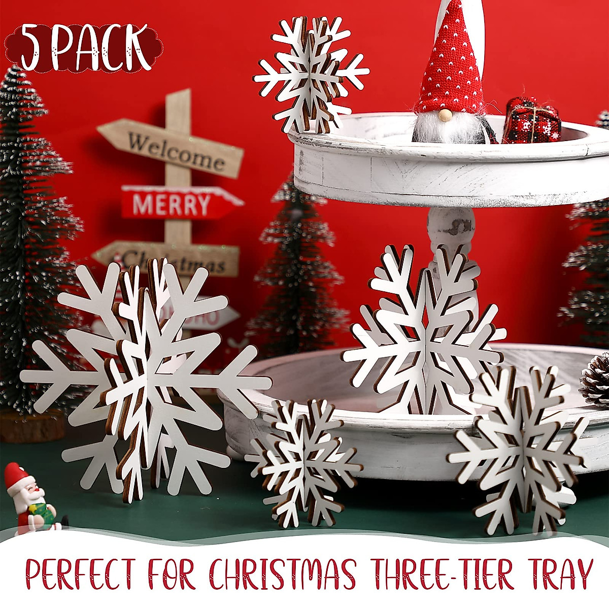 Tuanse Winter Wooden Snowflake Decorations 3D Snowflake Tabletop Decor Farmhouse Standing Table Sign Snowflake Centerpiece for Winter Party Porch Wall Fireplace Tray, White(5 Pieces)