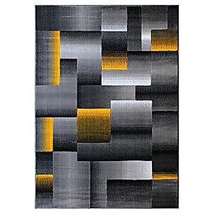 Handcraft Rugs Abstract Geometric Modern Squares Pattern Yellow/Orange/Silver/Gray/Black Area Rug (5X7, Yellow)