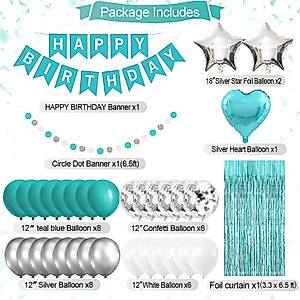 Iyosll Teal Blue and Silver Birthday Party Decorations Happy Birthday Banner Turquoise Aqua Teal Balloons Tissue Pom Poms Foil Fringe Curtain Décor Supplies for Women Girls boys men