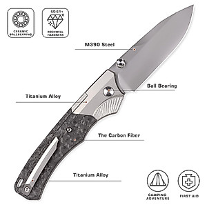 REMETTE WD107 Series Titanium Pocket Knife, EDC Button Lock Knife, Pearlescent M390 Blade, Men Women Daily Carry Lightweight Folding Knife, Sharp Fishing Camping Knives