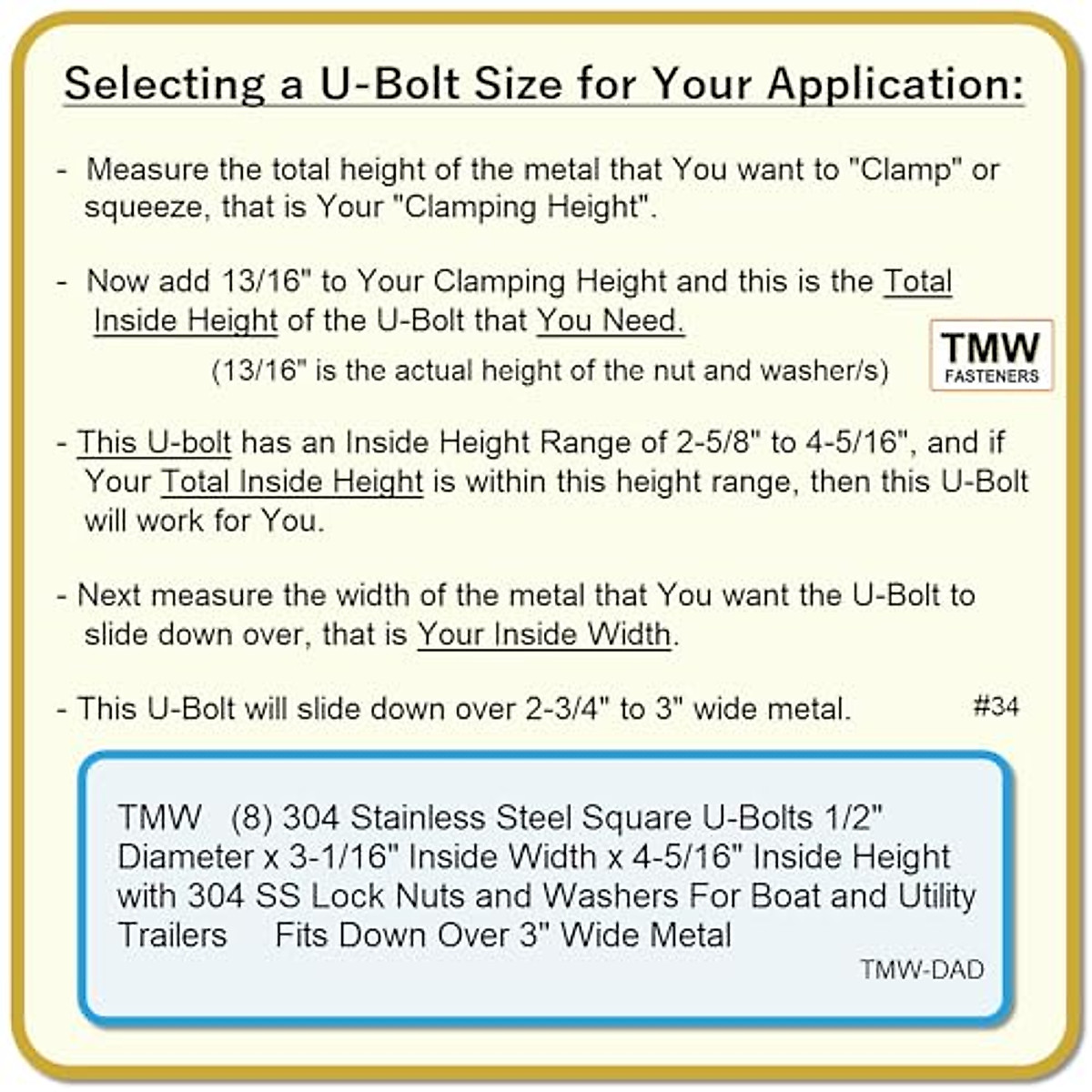 TMW - (8) 304 Stainless Steel Square U-Bolts 1/2" Diameter x 3-1/16" Inside Width x 4-5/16" Inside Height with 304 SS Lock Nuts and Washers for Boat and Utility Trailers Made in The U.S.A.