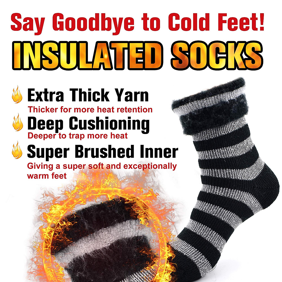 Busy Socks Winter Warm Thermal Socks for Men Women Extra Thick Insulated Heated Crew Boot Socks for Extreme Cold Weather, Large, 1 Pair Dark Grey Striped