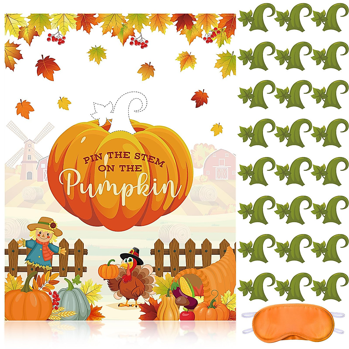 Faccito Thanksgiving Party Games Pin The Stem on The Pumpkin with Blindfold Thanksgiving Gift and Activities Fall Autumn Harvest Pumpkin Pin Game Turkey Poster Thanksgiving Party Supplies