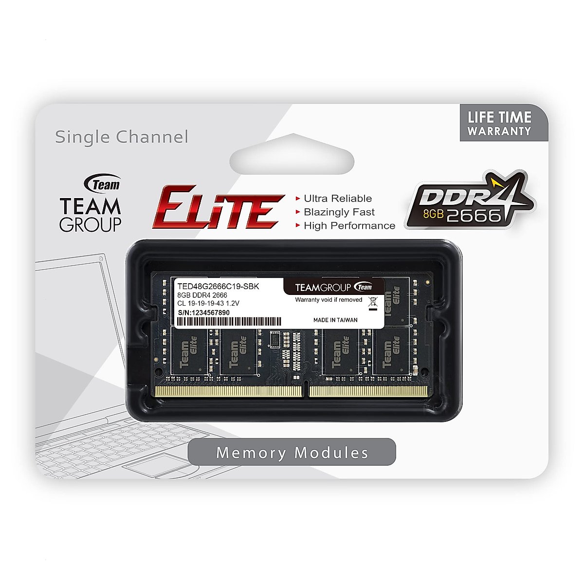 TEAMGROUP Elite DDR4 8GB Single 2666MHz PC4-21300 CL19 Unbuffered Non-ECC 1.2V SODIMM 260-Pin Laptop Notebook PC Computer Memory Module Ram Upgrade - TED48G2666C19-S01