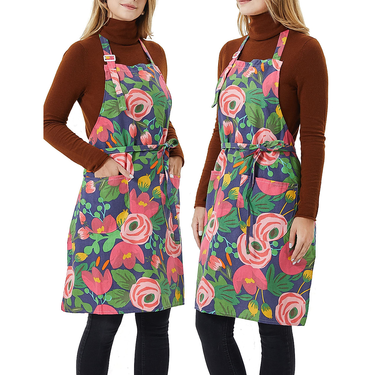 2 Pack Bib Aprons for Women Soft Cotton Linen Kitchen Cooking Chef Apron with Pockets Adjustable Machine Washable Neiicty 03