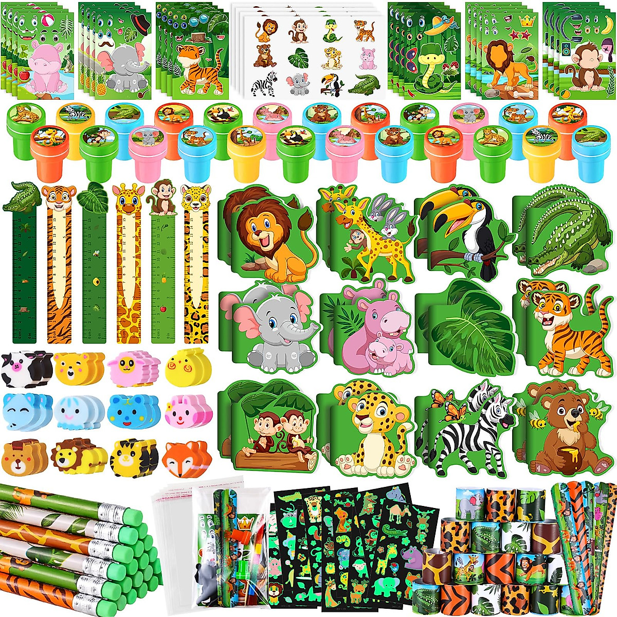 BenLouis 120Pcs Jungle Safari Party Favors Zoo Animals Sticker Stampers Slap Bracelets School Stationery Set Bulk Classroom Prizes for Kids Wild One Party Baby Shower Goodie Bags Fillers